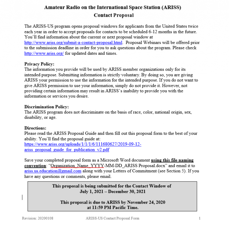 Proposal Forms – ARISS | Amateur Radio on the International Space Station